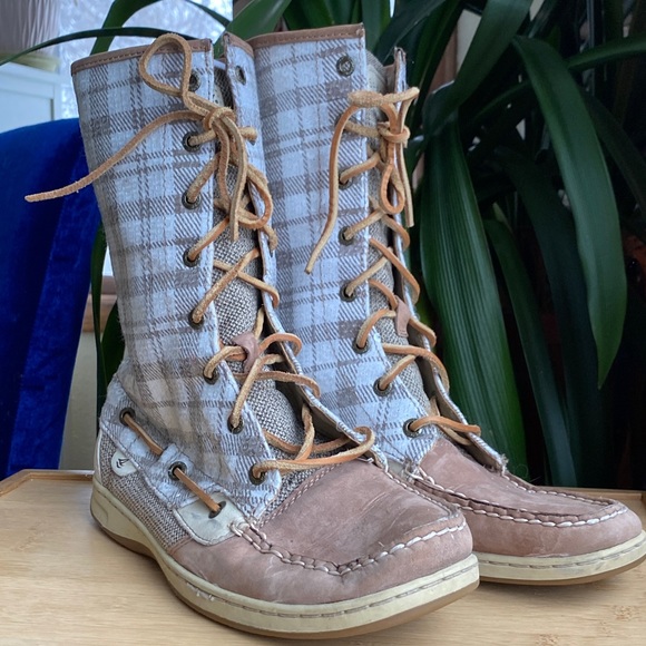 Sperry | Shoes | Sperry Topsider Sequin Tall Plaid Sherpa Boot Leather ...